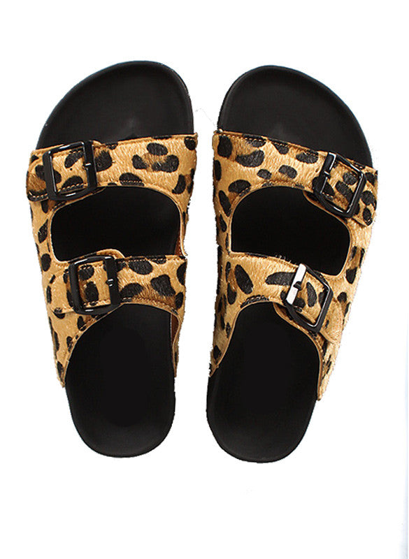 Bamboo Leopard Faux Fur Open Toe Flat Sandals – BeHoneyBee.com - New ...